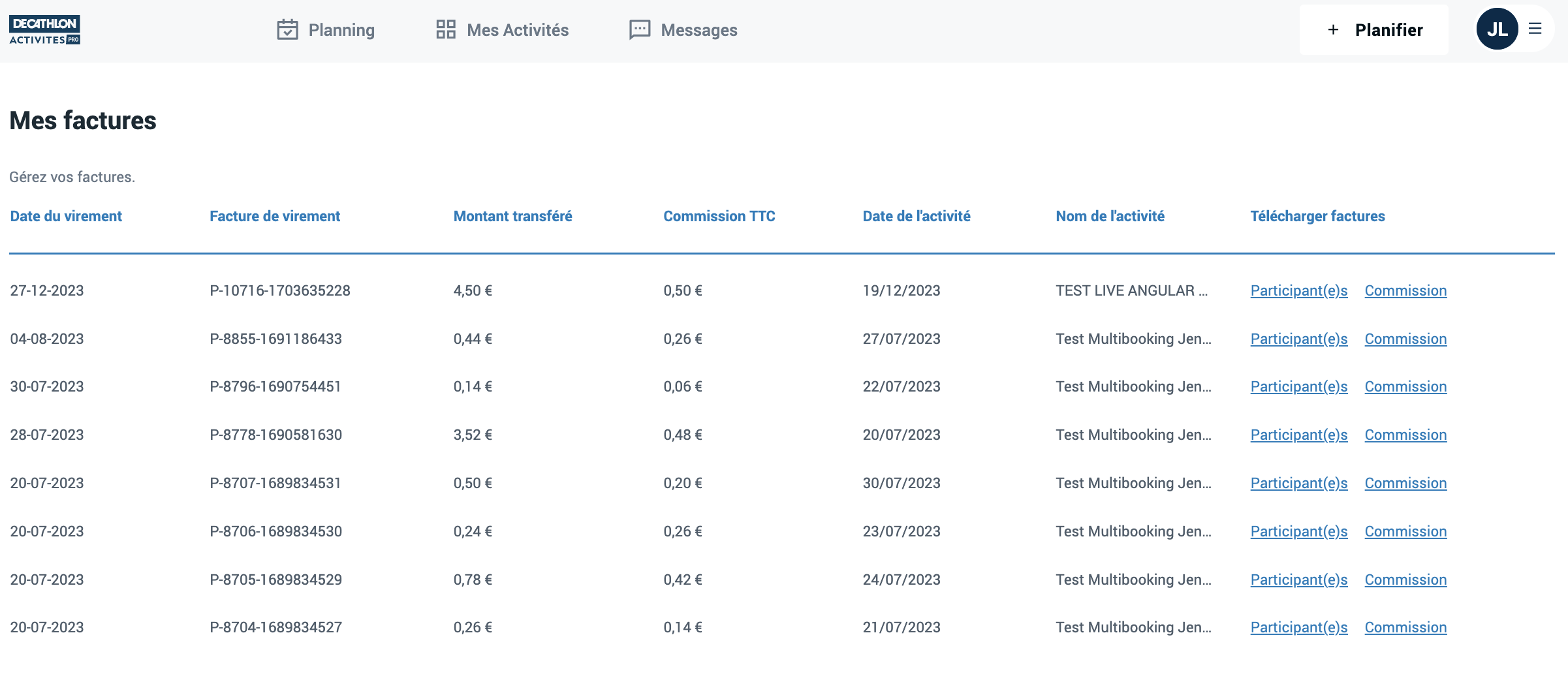 Je souhaite une facture de commission ou le détail des virements ...